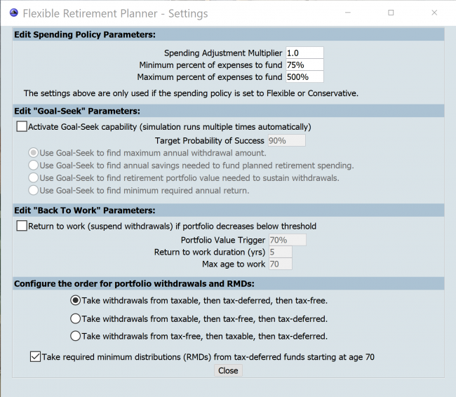 Settings | The Flexible Retirement Planner