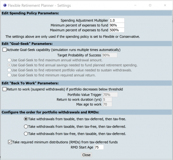 Settings The Flexible Retirement Planner